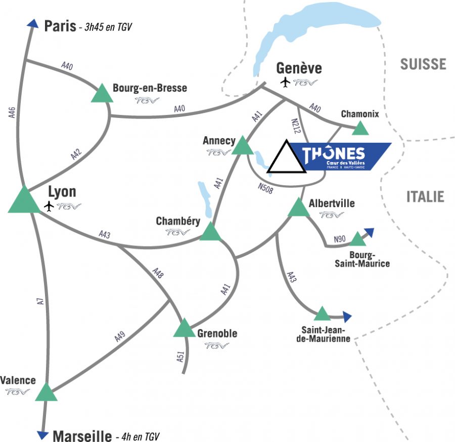 Venir à Thônes et se déplacer, distance d'Annecy et Stations des Aravis